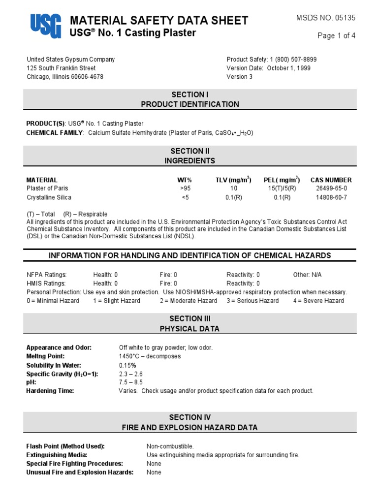 Material Safety Data Sheet: USG No. 1 Casting Plaster | PDF | Silicon Dioxide | Plaster