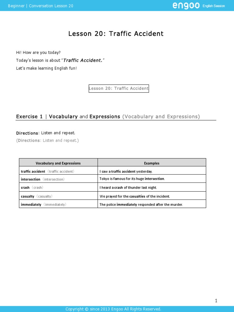 Lesson 20: Traffic Accident | PDF | Accident (General)