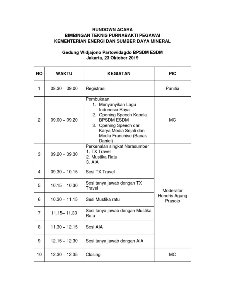 Rundown Acara Bimtek Purnabakti - Update | PDF