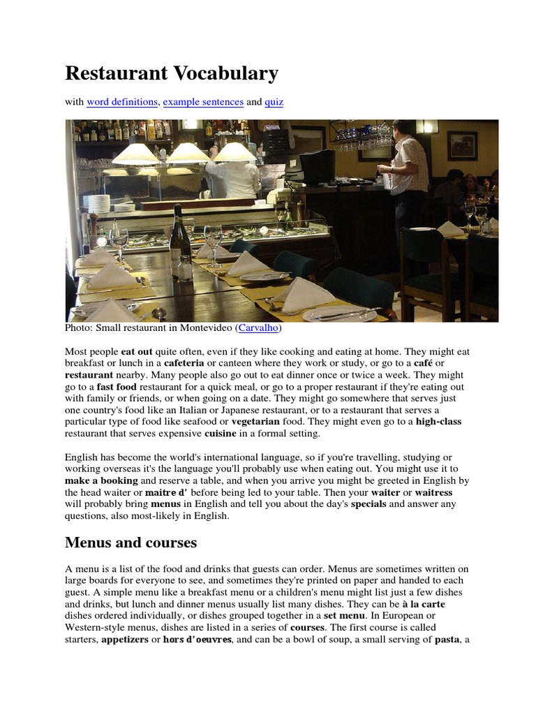 Restaurant Vocabulary For Tomorrow | PDF | Hors D'oeuvre | Menu