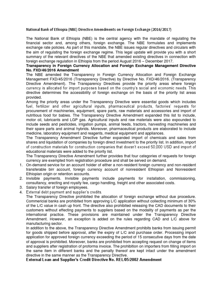 National Bank of Ethiopia (NBE) Directive Amendments On Foreign ...