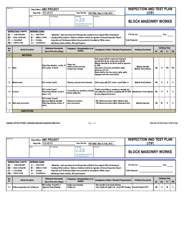 P07-F06a Inspection and Test Plan (ITP) Template | PDF | Specification ...