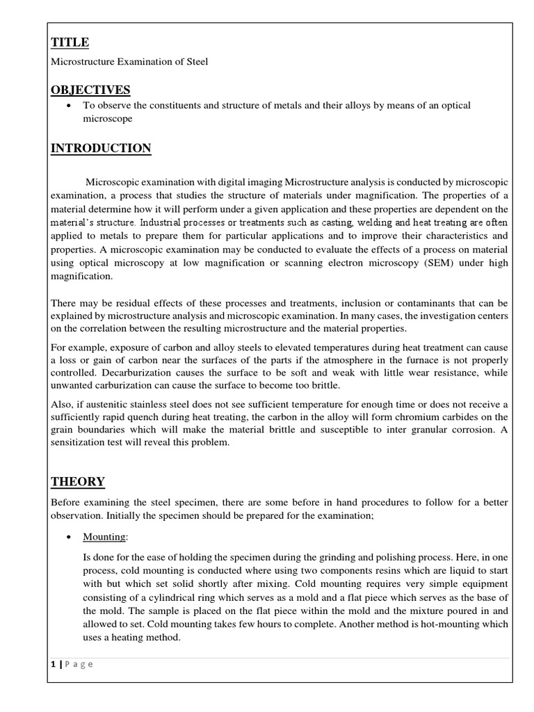 Microstructure Examination of Steel Lab Report | PDF | Heat Treating ...
