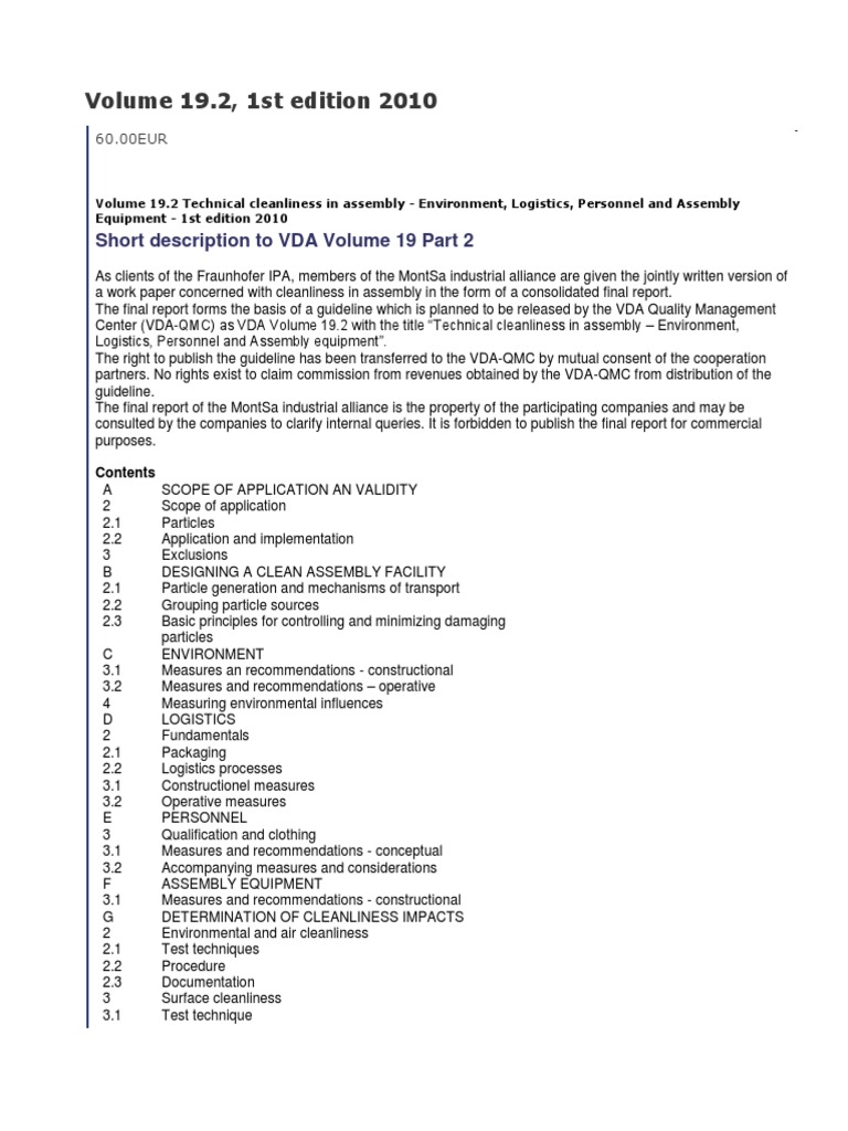 VDA 19.2: Technical Cleanliness in Assembly | PDF | Logistics | System