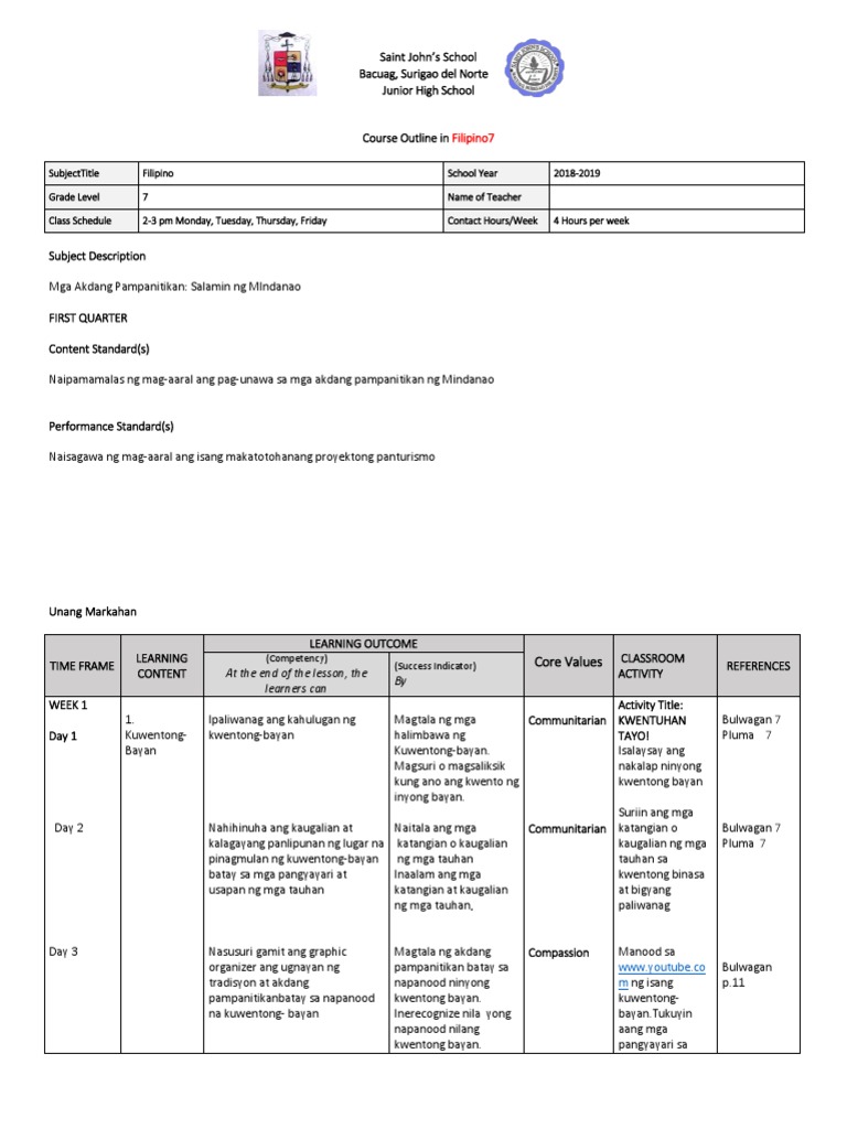 Course Outline Filipino 7 1Q-4Q | PDF