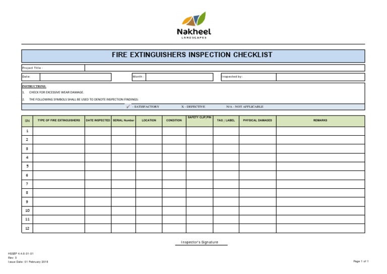 Fire Extinguishers Inspection Checklist: Project Title: Month ...