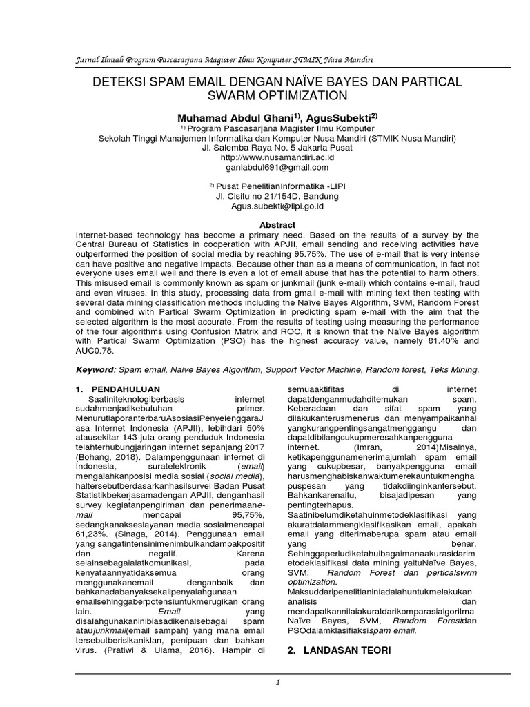 Deteksi Spam Email Dengan Naïve Bayes Dan Partical Swarm Optimization | PDF | Statistical ...