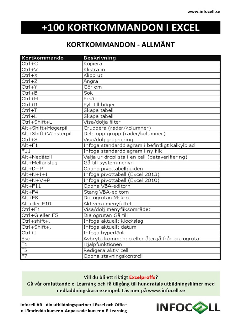 Kortkommandon Excel Infocell AB | PDF