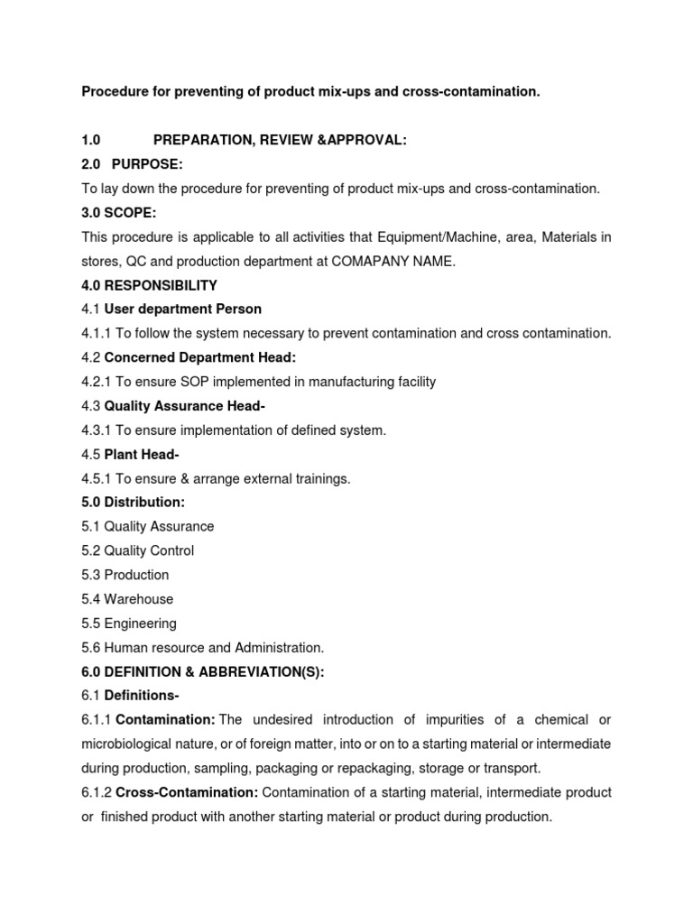 SOP For Control of Cross Contamination | PDF | Quality Assurance | Nature