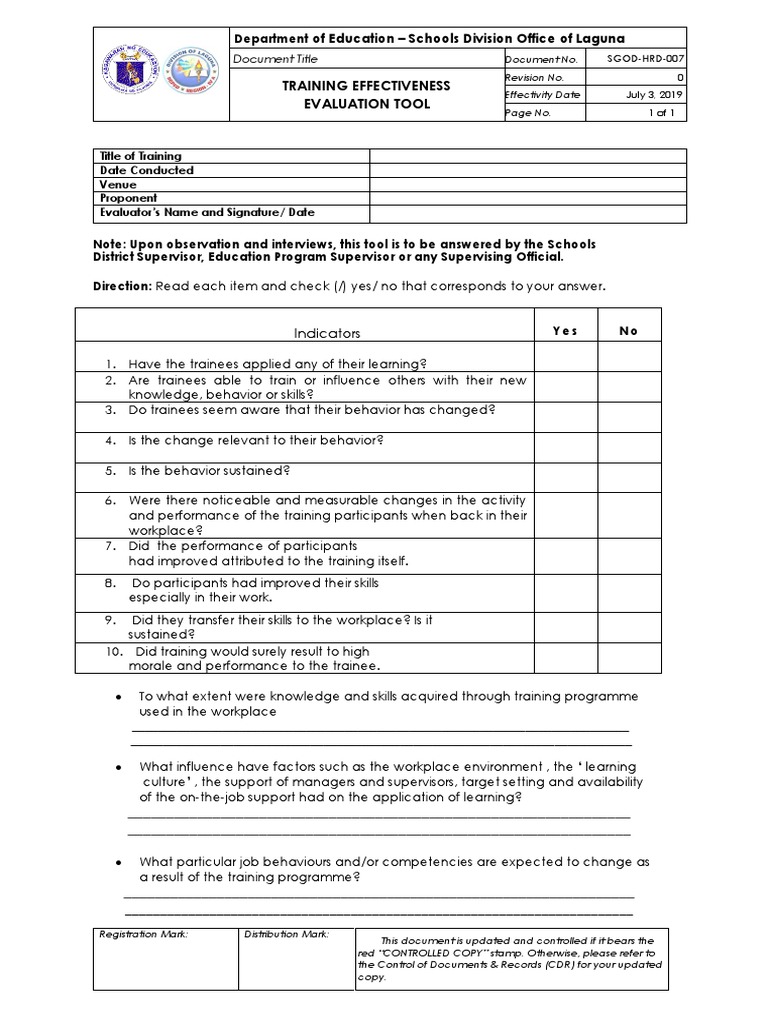Training Effectiveness Evaluation Form | PDF | Behavior ...
