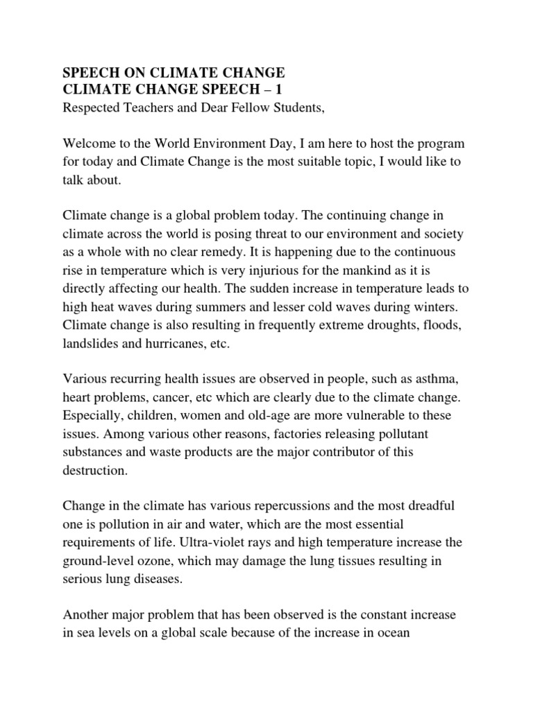 Speech On Climate Change | PDF | Climate Change | Air Pollution
