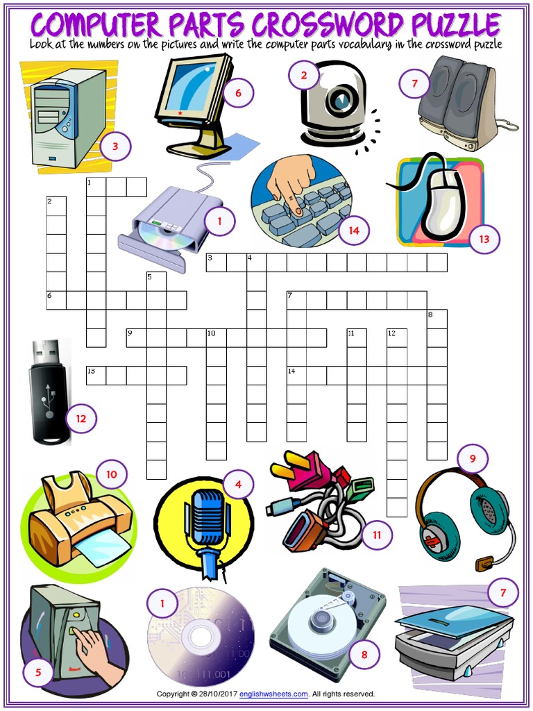 Computer Parts Vocabulary Esl Crossword Puzzle Worksheet For Kids | PDF