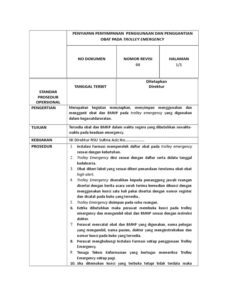 Sop Penyiapan Pennyimpanan Penggunaan Dan Penggantian Trolley Emergency | PDF