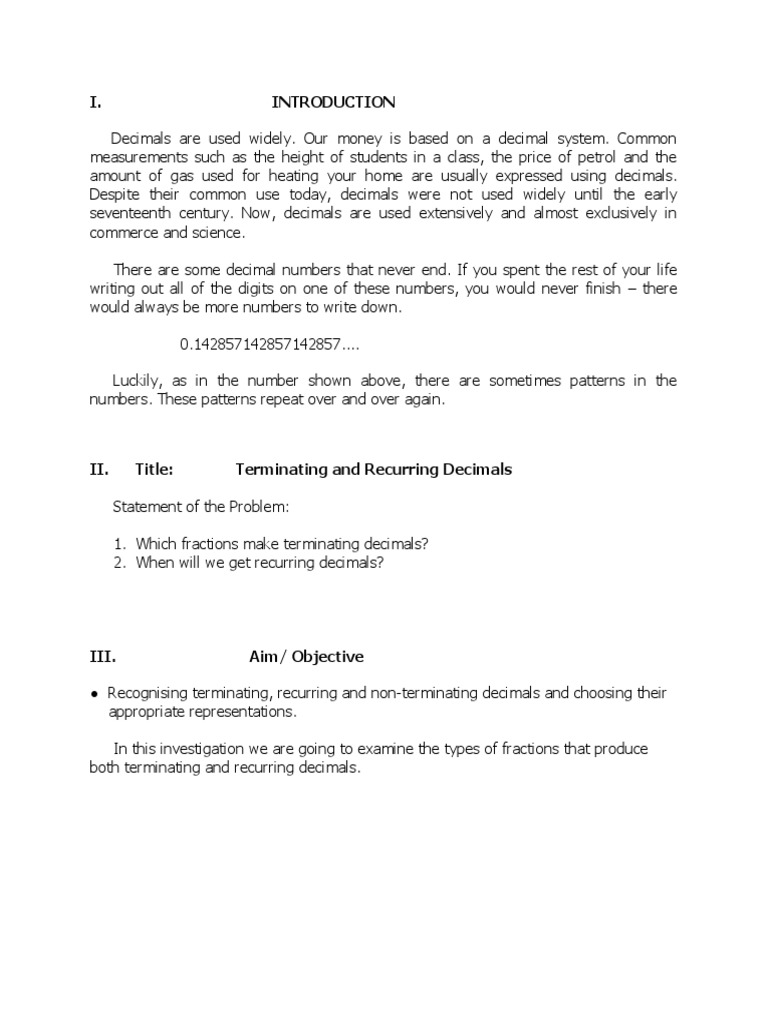 Math Investigation Research | PDF | Fraction (Mathematics) | Decimal