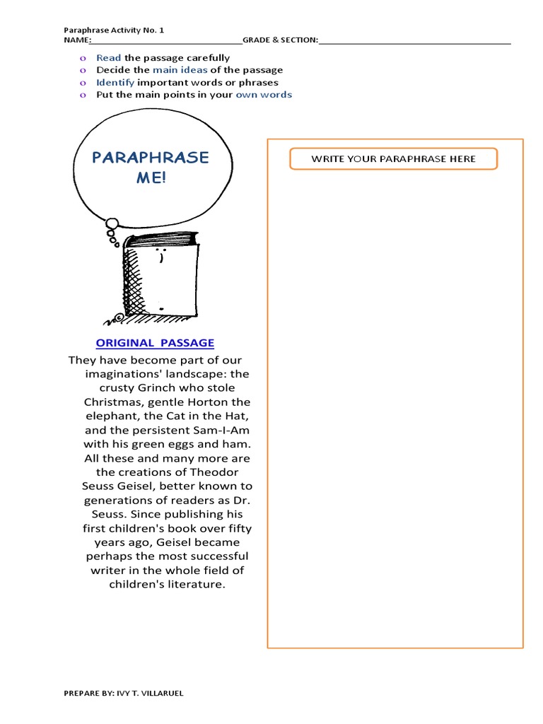 Dr. Seuss Paraphrase Activity Guide | PDF