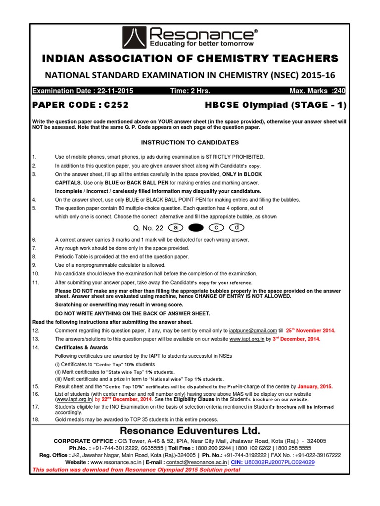 193-NSEC-2015-16-Paper-Solution-Code-C-252-v2 (1).pdf | Chemical ...