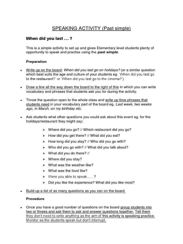 Past Simple Speaking Activity Guide | PDF | Communication | Cognition