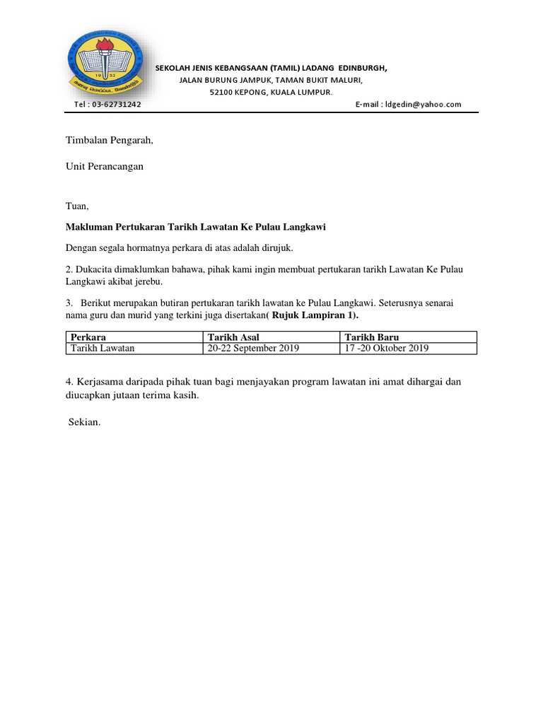 Surat Pertukaran Tarikh Lawatan | PDF