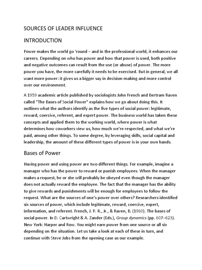 Sources of Leader Influence | PDF | Power (Social And Political ...