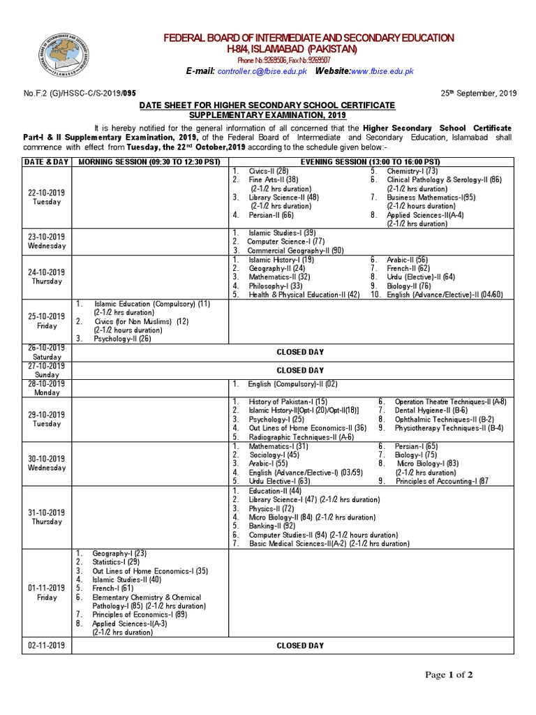 Federal Board of Intermediate and Secondary Education H-8/4, Islamabad ...