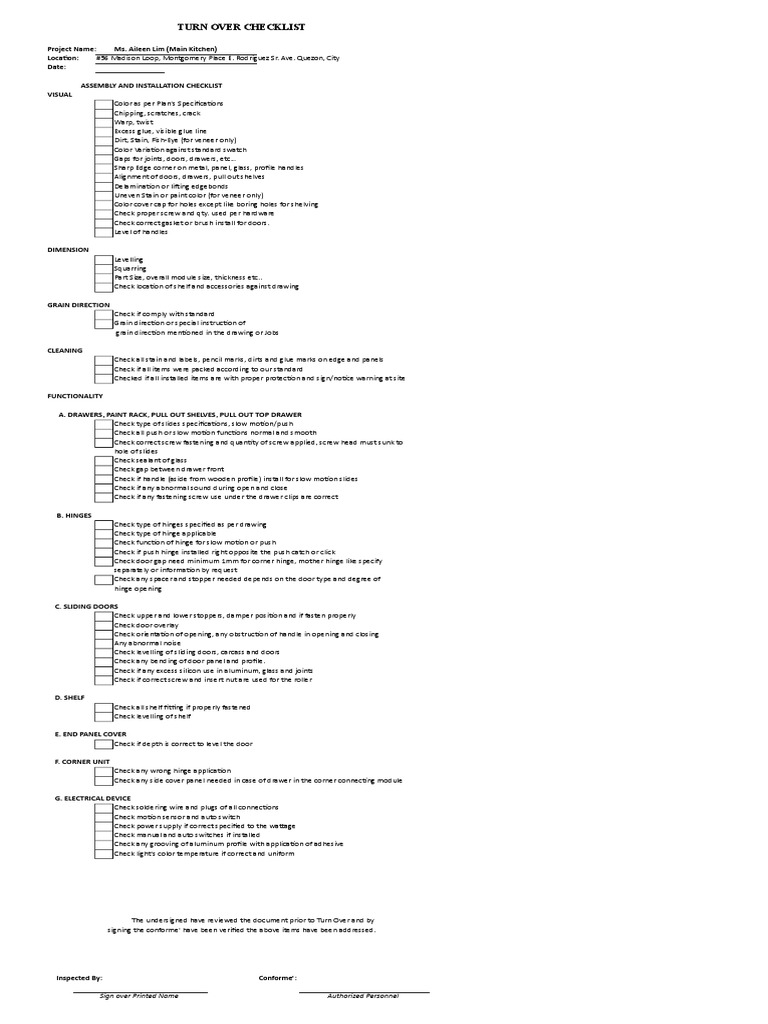 Turn Over Checklist (Main Kitchen) | PDF | Door | Screw
