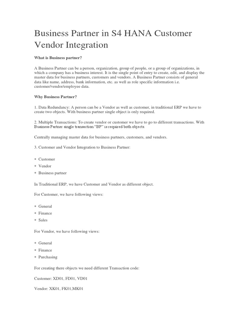 Business Partner in S4 HANA Customer Vendor Integration | PDF ...