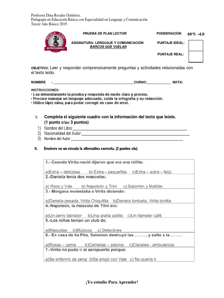 Prueba de Plan Lector. Barcos Que Vuelan. 3 Año Basico. | PDF | Cognición | Aprendizaje