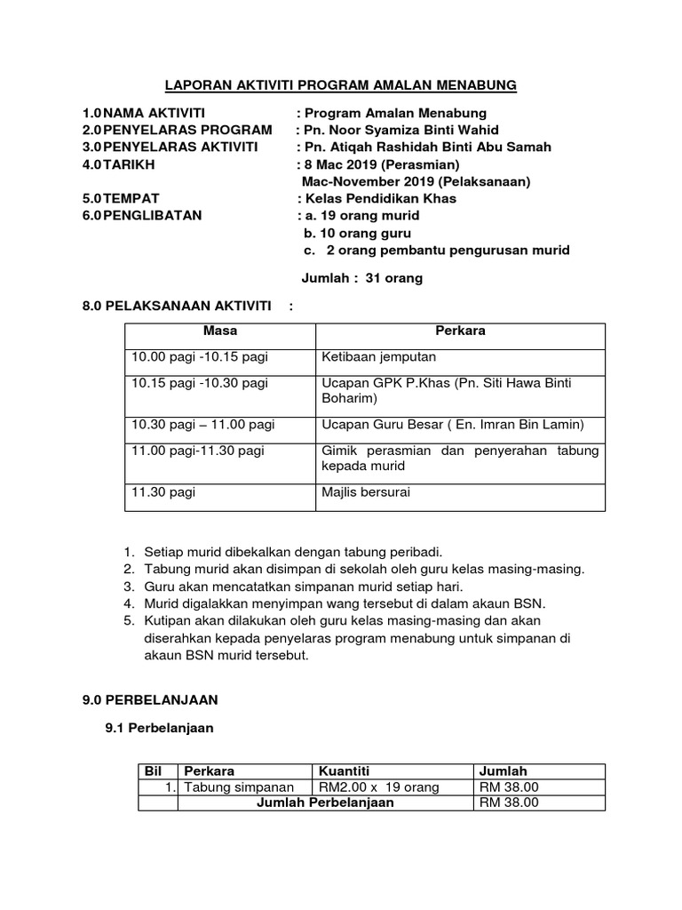 Laporan Aktiviti Program Amalan Menabung | PDF