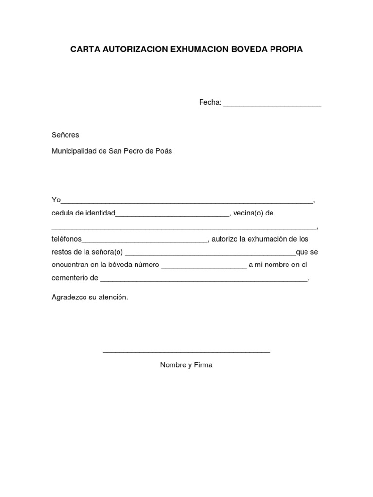 Carta Autorizacion de Exhumacion Boveda Propia PDF | PDF