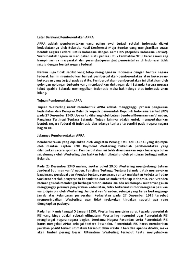 Latar Belakang Pemberontakan APRA | PDF | Sejarah
