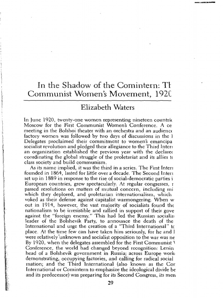 Elizabeth Waters, in The Shadow of The Comintern. The Communist Women's ...