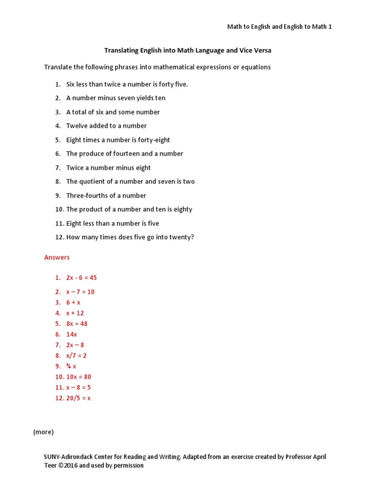 Translating English Into Math Language and Vice Versa | PDF | Teaching ...