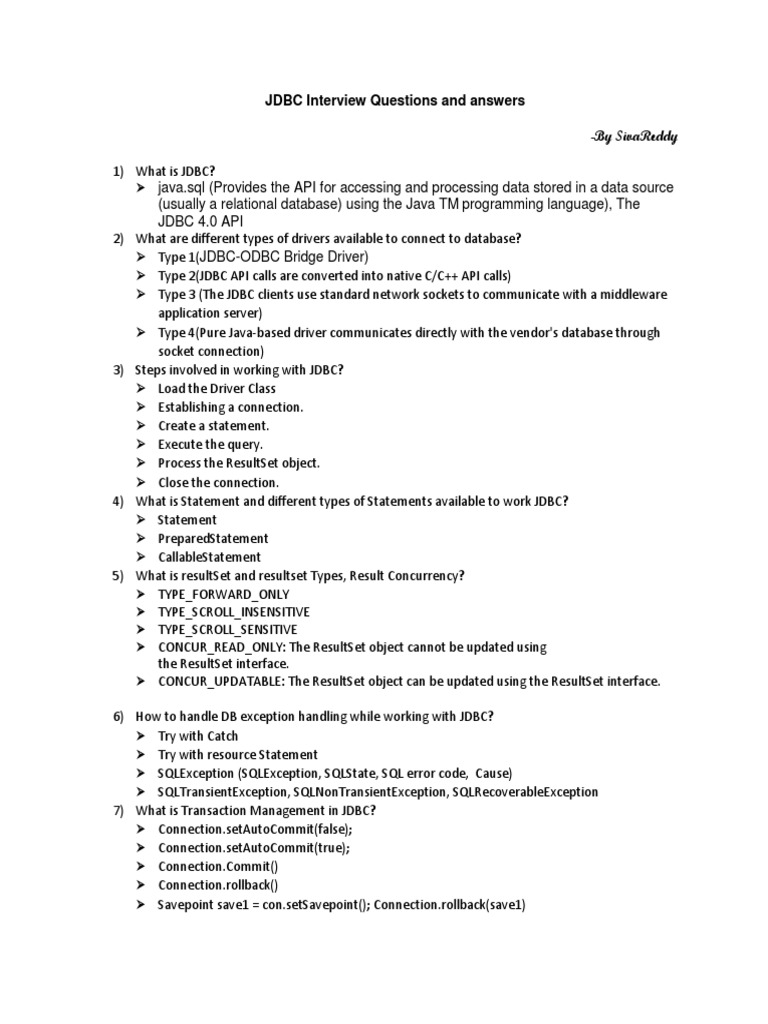 JDBC Interview Questions and Answers - by Sivareddy | PDF | Databases | Computer Programming