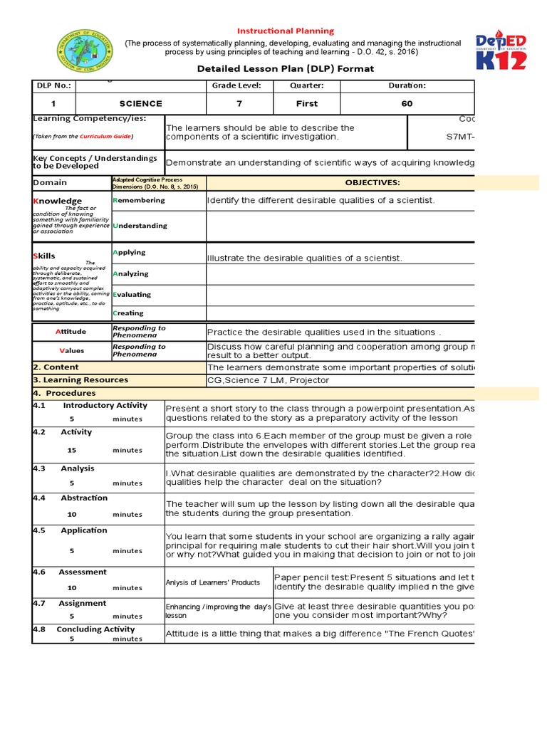 Detailed Lesson Plan (DLP) Format: Learning Competency/ies | PDF | Scientific Method | Learning