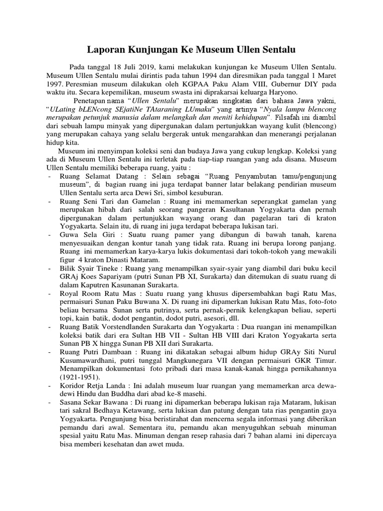 Laporan Kunjungan Ke Museum Ullen Sentalu | PDF