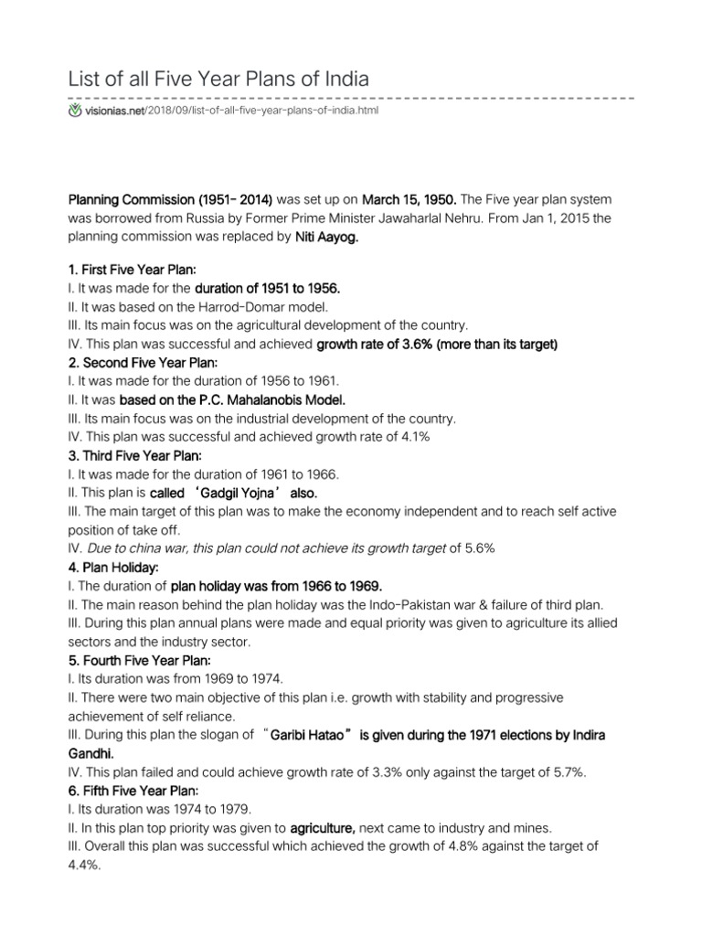List of All Five Year Plans of India | PDF | Economies | Economy Of Asia