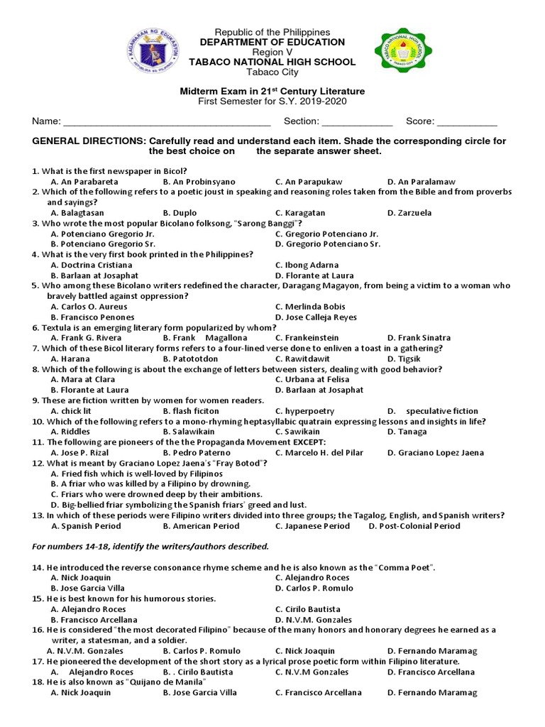 21st Century Literature Midterm Exam Pdf Poetry