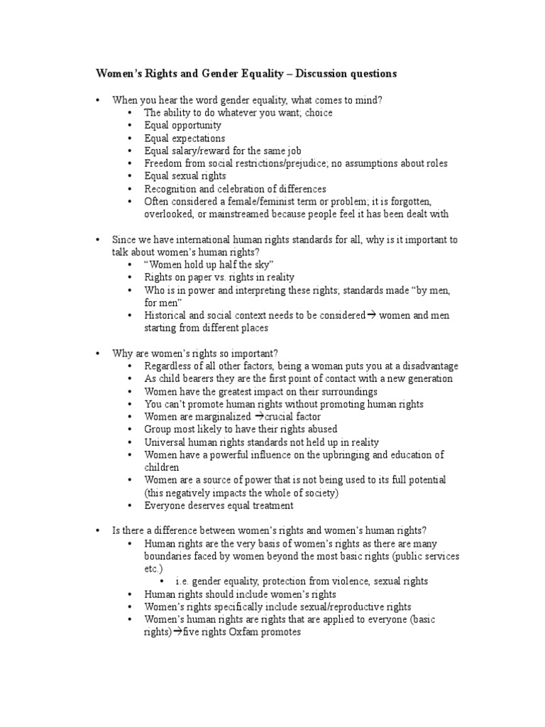 Women's Rights and Gender Equality - Discussion Questions | PDF