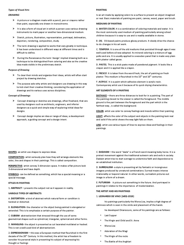 Types of Visual Arts Handouts | PDF | Paintings | Drawing
