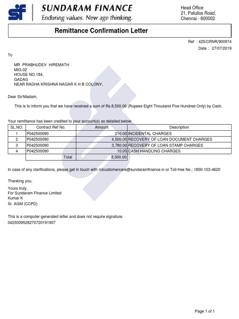 Remittance Confirmation Letter | PDF
