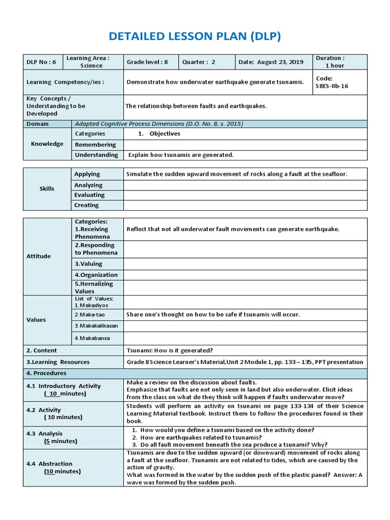 Detailed Lesson Plan (DLP) : Adapted Cognitive Process Dimensions (D.O ...