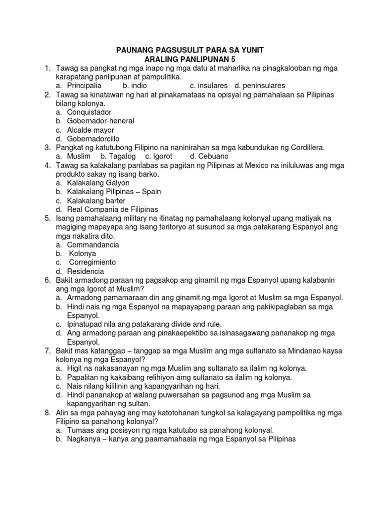 Paunang Pagsusulit para Sa Yunit | PDF