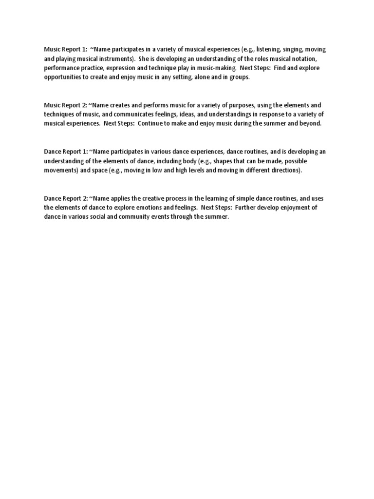 Report Card Comments Music and Dance Terms 1 and 2 Reports | PDF