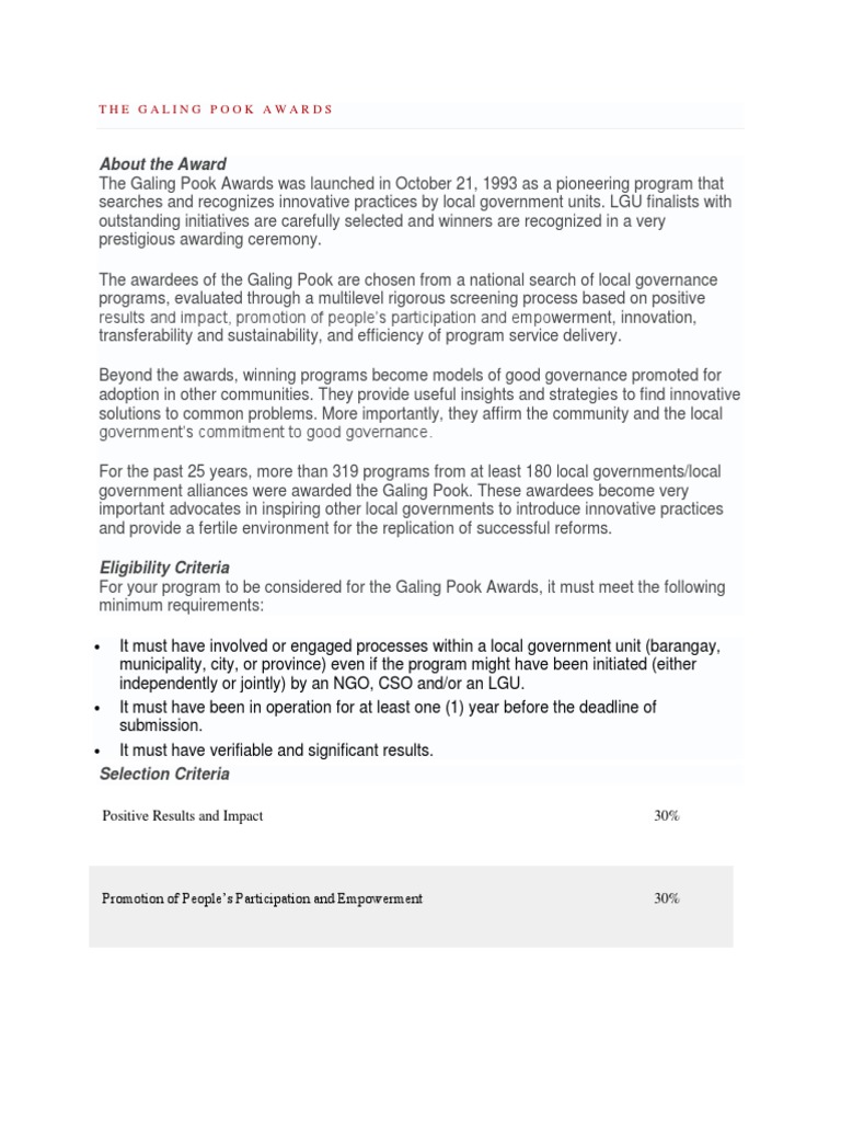 Galing Pook Awards Overview and Criteria | PDF | Governance | Empowerment
