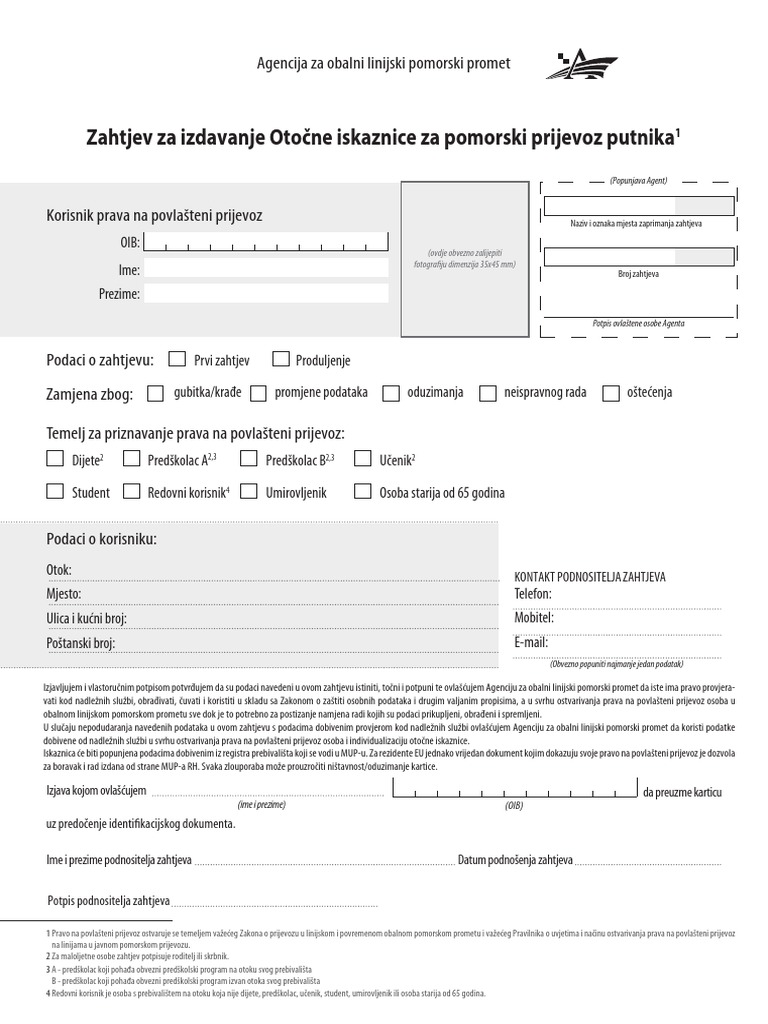 Zahtjev Za Izdavanje Otocne Iskaznice Za Osobe PDF | PDF