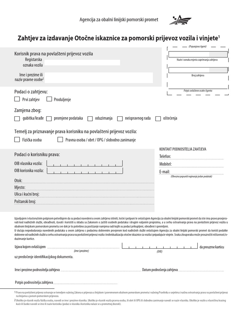 Zahtjev Za Izdavanje Otocne Iskaznice Za Vozila PDF | PDF