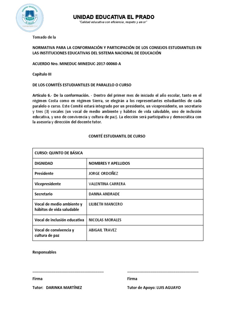 Comite Estudiantil de Grado 5to de Basica. | PDF