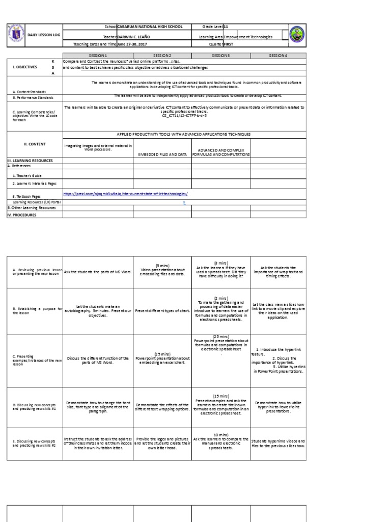 DLL Week 4 ICT Empowerment | PDF | Educational Technology | Spreadsheet