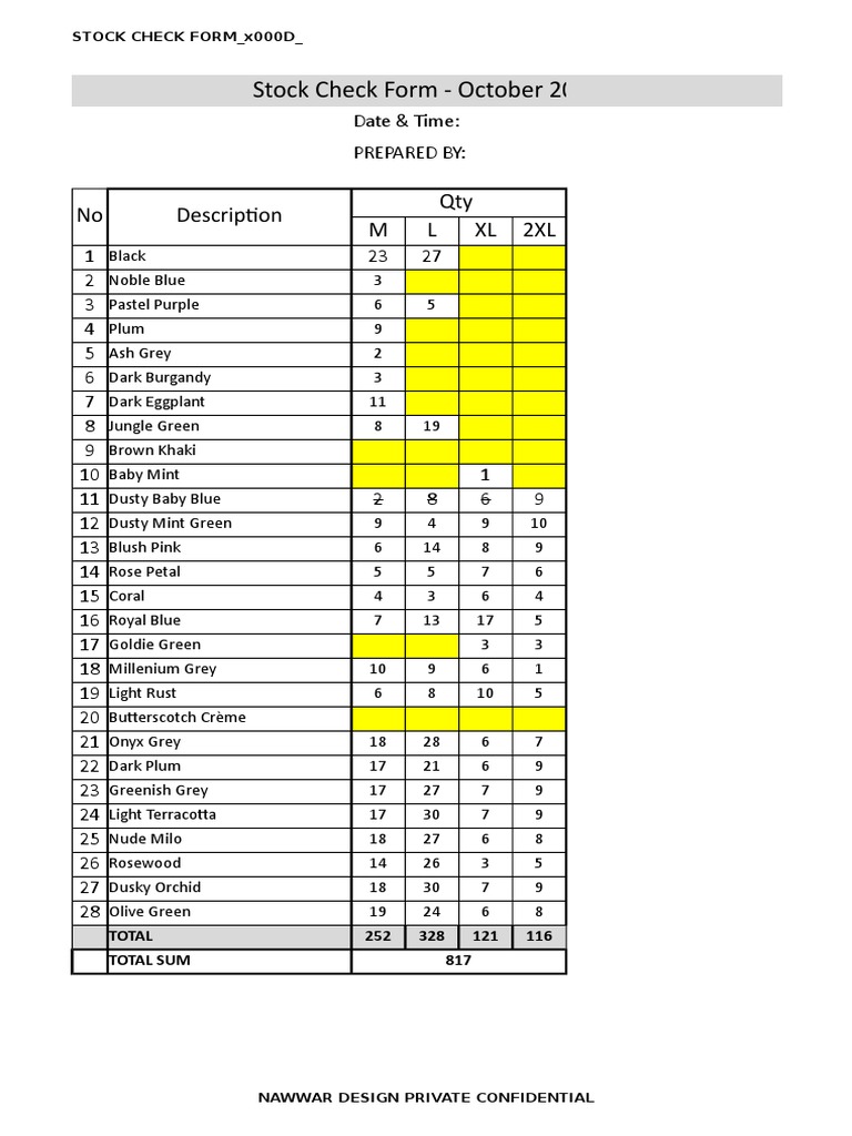 Stock Check Form - October 2019: No Description Qty M L XL 2Xl | PDF ...