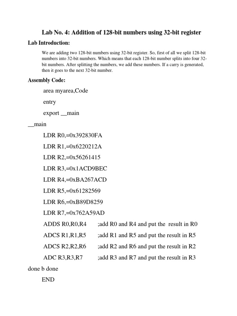 Lab No. 4: Addition of 128-Bit Numbers Using 32-Bit Register | PDF